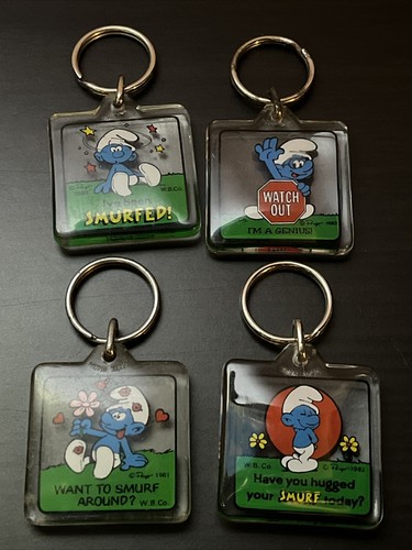 Vintage 1981 Smurf Keychain Key Chain Set Wallace Smurfette Love Flower ...