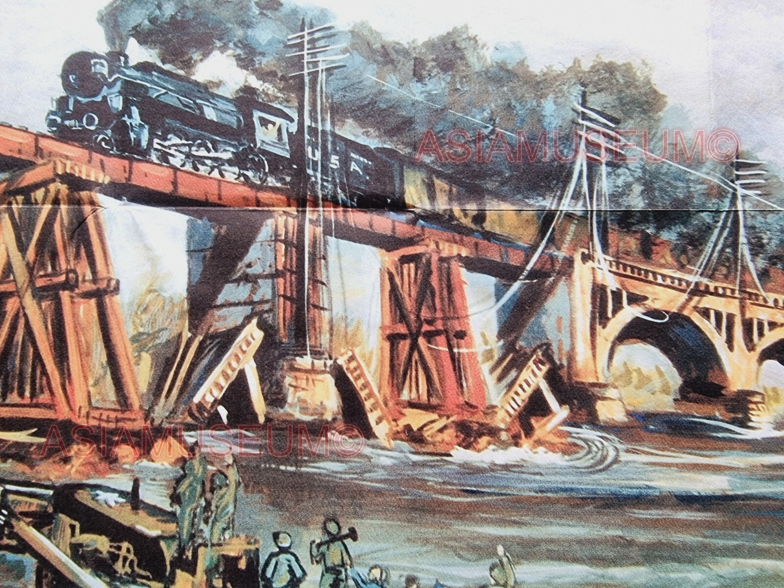 1943 WW2 AMERICA RAILROAD BRIDGE RAILWAY TRAIN ART PAINTING PROPAGANDA ...