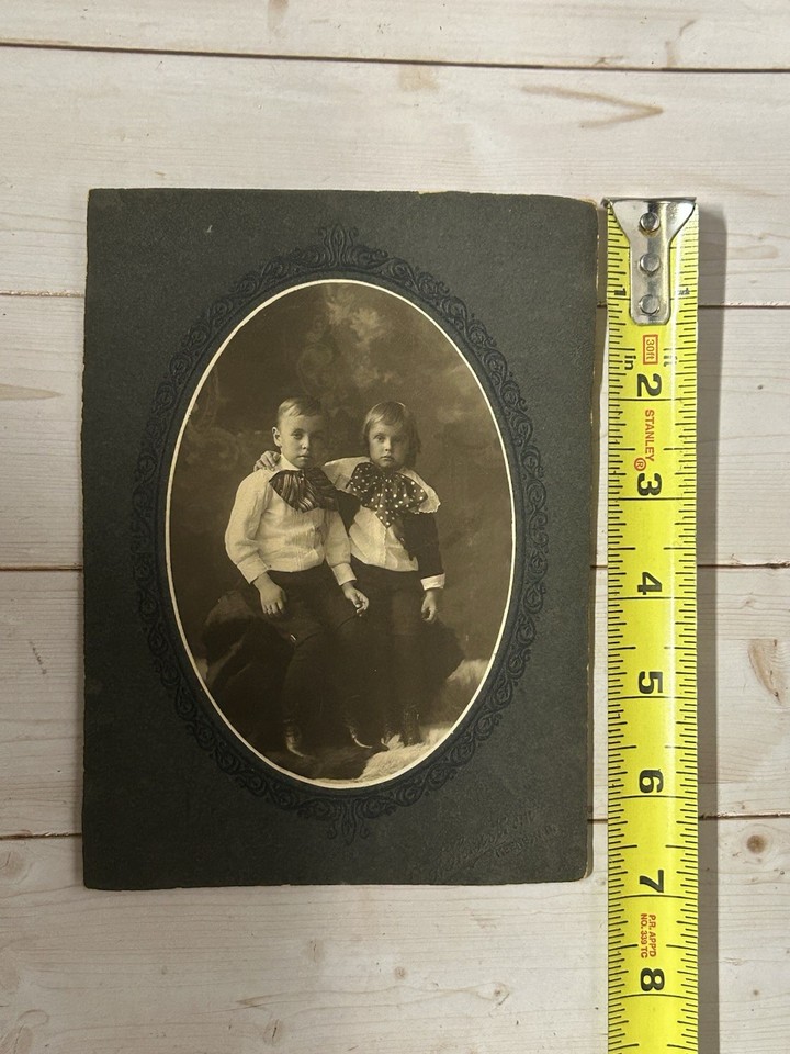 Photo Cabinet Card Unhappy Little Boy Cute Girl Large Bow Tie Polka Dot ...