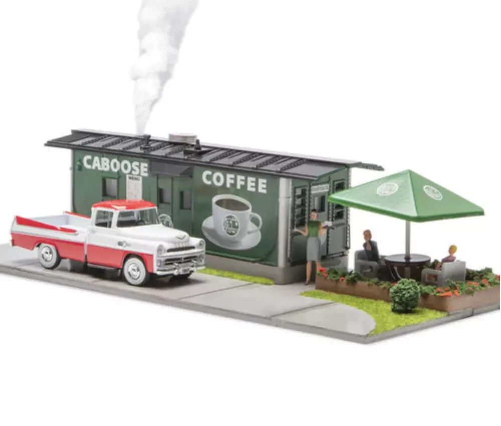 O Scale Caboose Coffee Shop Building Prelit with Die-Cast Truck Figures ...
