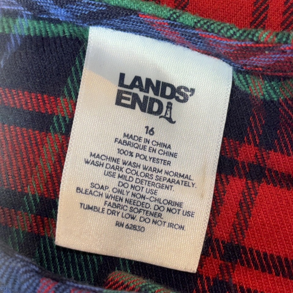 Lands End Plaid Flannel Long Nightgown Girls 16 LS Christmas Green Red ...