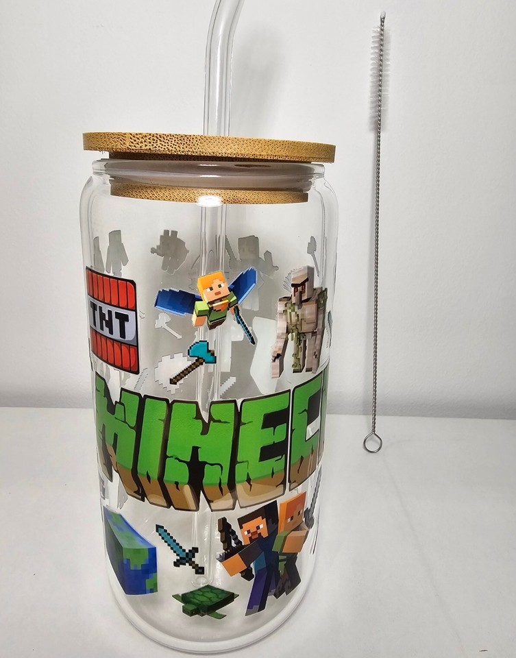MINECRAFT 16oz Glass Cup With A Straw And Bamboo Lid And Brush | eBay UK