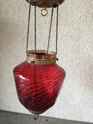 Antique Cranberry Glass Swirl Pull Down Oil Lamp Chains Parlor Hanging ...