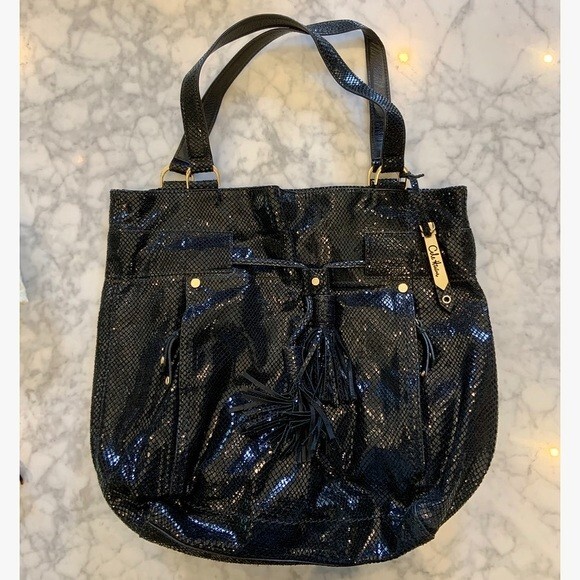 NWT Cole Haan Marabelle Drawstring Black Print Snake Large Leather Tote ...