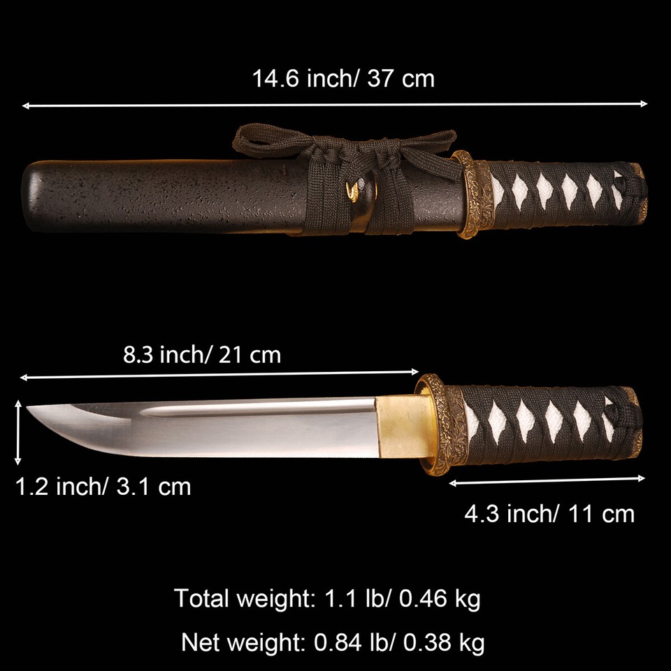16'' Short Self-defense Knife Handmade Black Sharp Japanese Samurai ...