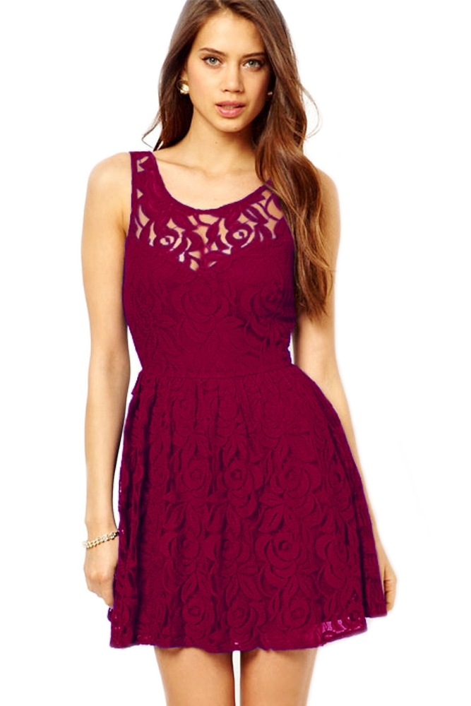 Gorgeous Skater Red Midi Dress in Lace with Open Back Berry | eBay
