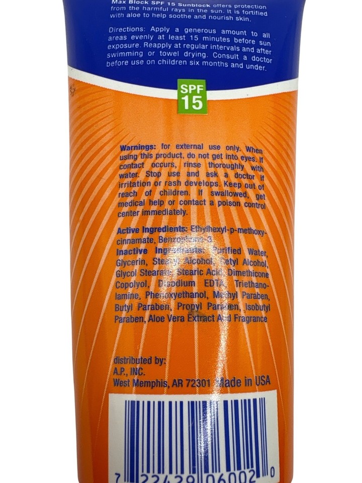 Max Block SPF 15 Sunblock Lotion With Aloe Vera UVA/UVB Protection 6 Fl ...