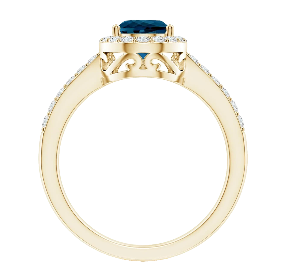 14K Solid Gold London Blue Topaz & Diamonds Halo Women's Ring Pear Cut ...