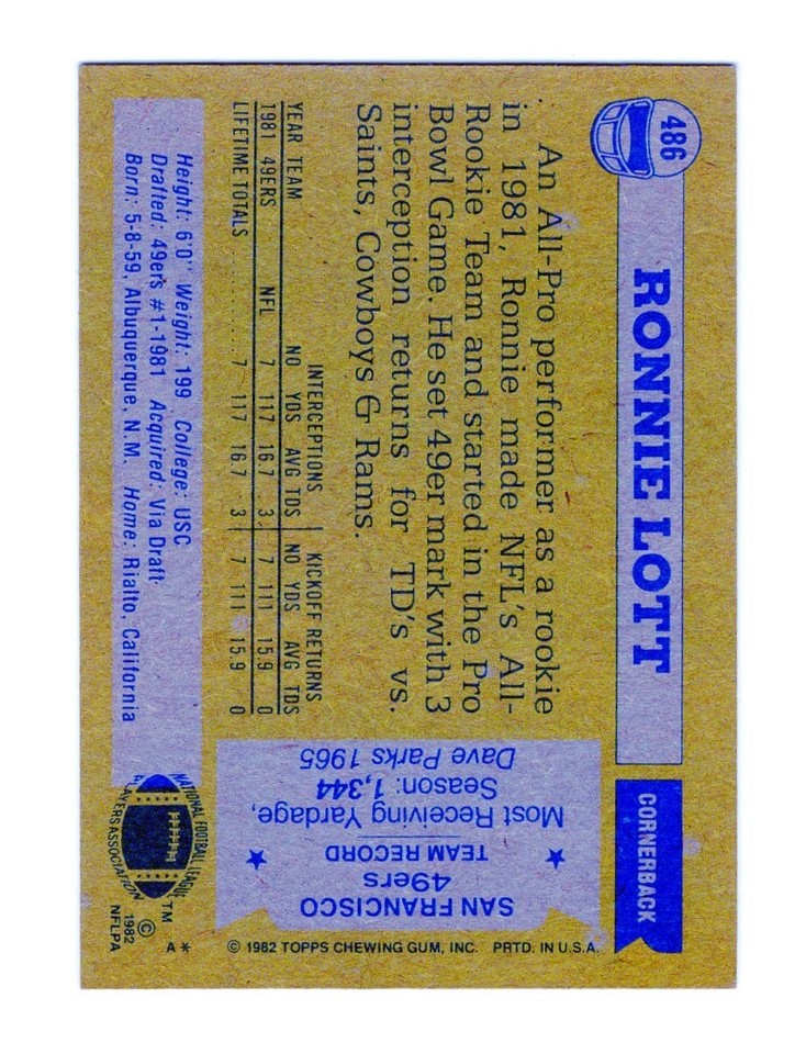 1982 Topps NFC All Pro RONNIE LOTT #486 San Francisco 49ers Rookie HOF ...