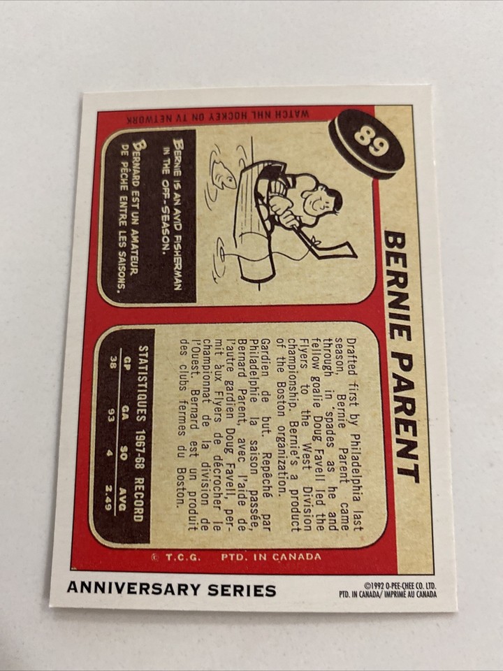 1992-93 O-Pee-Chee Anniversary Bernie Parent Rc Rookie #1 Philadelphia ...