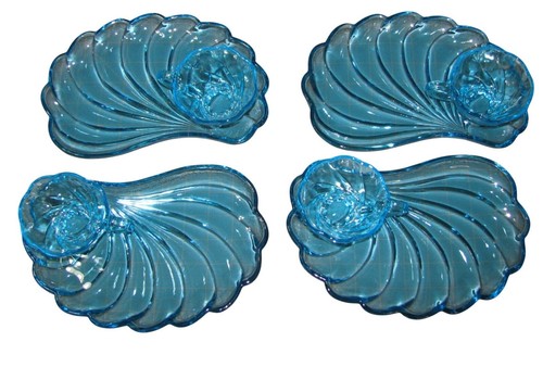 Hazel Atlas MCM Turquoise Blue Seashell Snack Set 4 Plates & Cups Retro ...