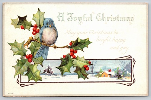 Holiday~Joyful Christmas~Blue Bird On Branch With Red Berries~Vintage ...