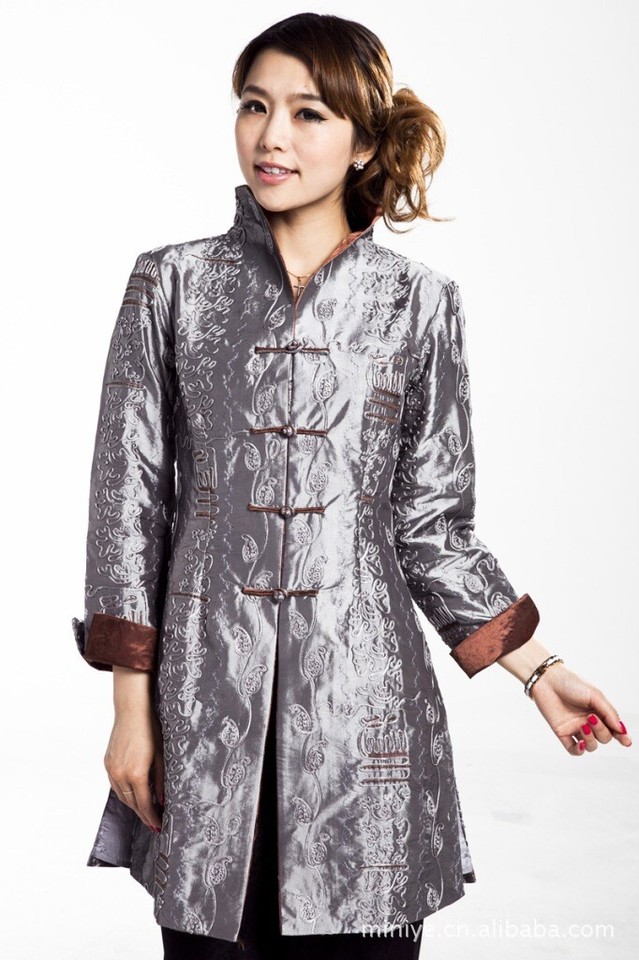 Chinese Traditional Long Jacket Women Silk Coat Lady Windbreaker Size M ...