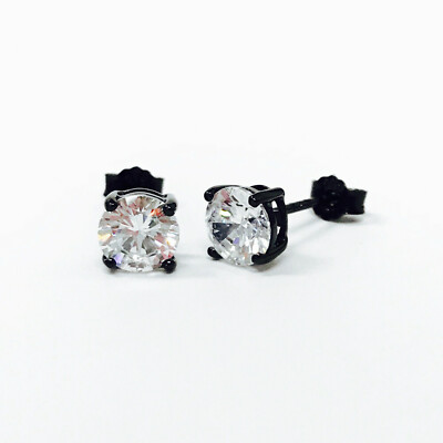 925 Black Tone Sterling Silver Round Clear CZ Stud Push Back Earrings ...
