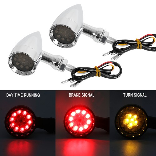 Chrome Motorcycle LED Red Brake Blinker Bullet Turn Signal Tail Light ...