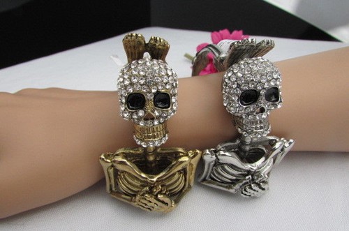 Women Bracelet Fashion Gold Bling Skeleton Jewelry Halloween Cuff Skull ...