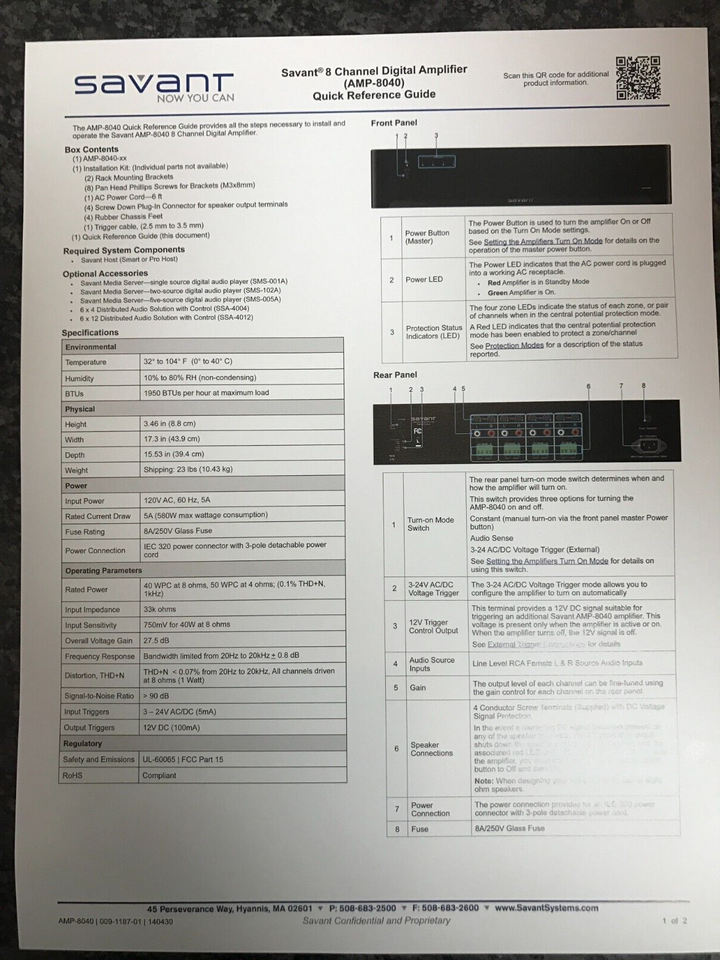 Savant AMP-8040-00 8 Channel Multi-Room Digital Audio Power Amplifier ...