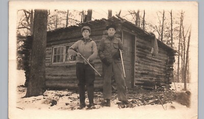 MICHIGAN HUNTING SHACK real photo postcard rppc winter log cabin hunter ...