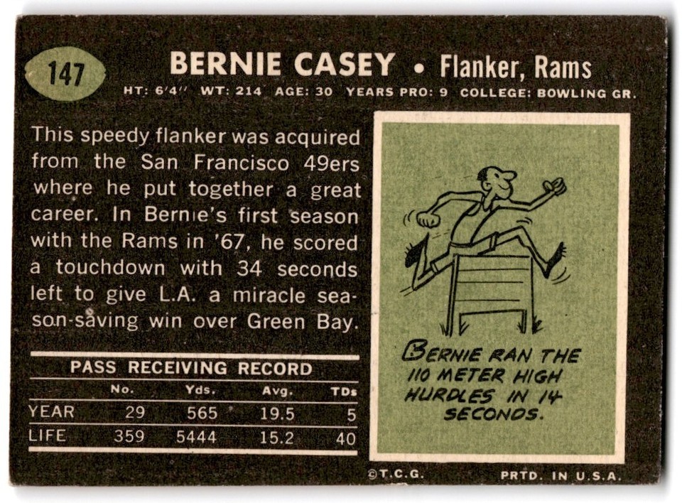 1969 Topps Bernie Casey Los Angeles Rams #147 | eBay
