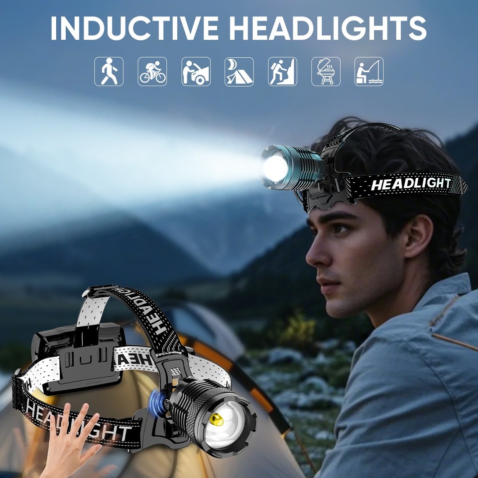 1200000Lumen LED Headlamp Rechargeable Super Bright 30W Motion Sensor ...