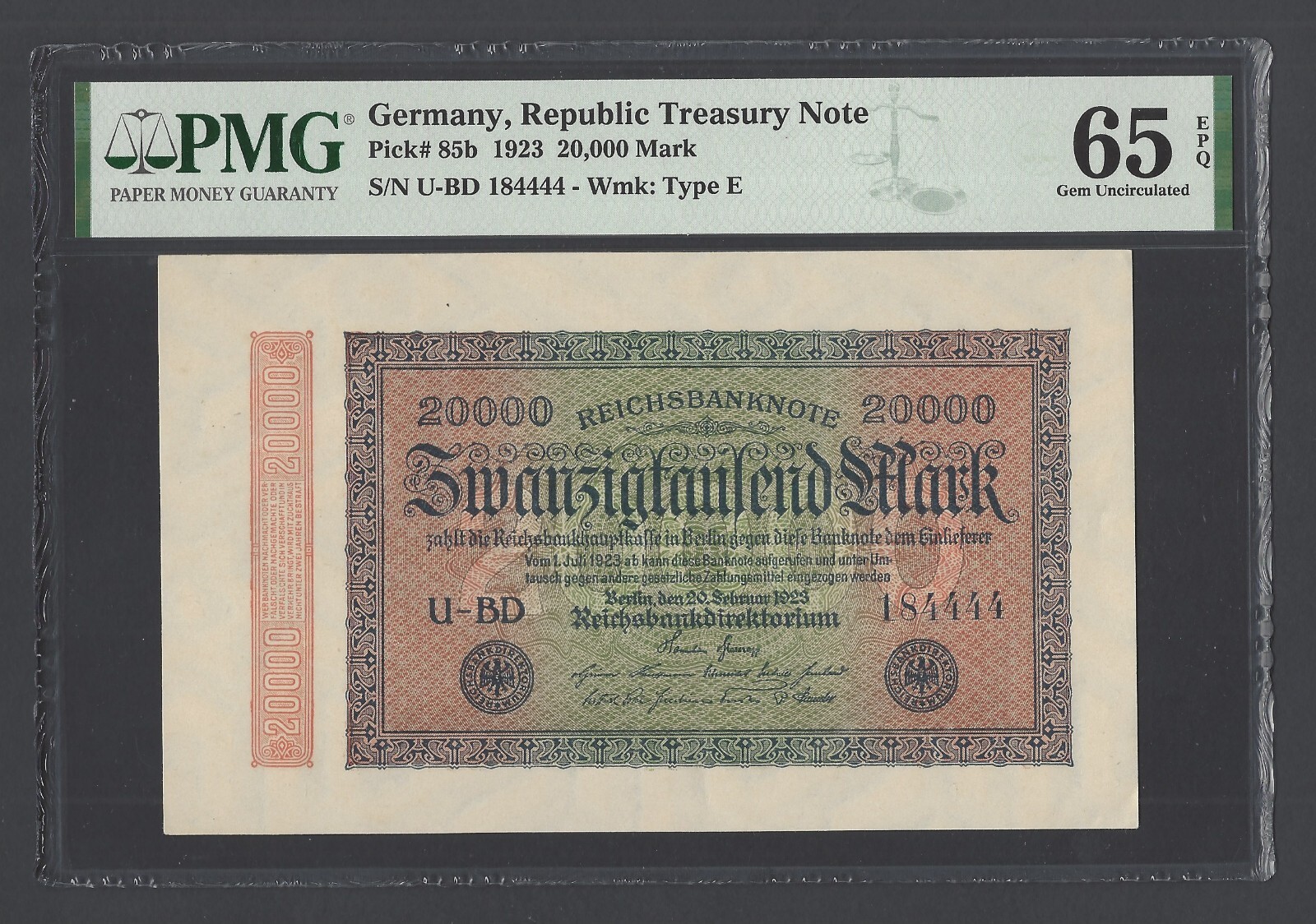 Germany- Republic Treasury Note 20,000 Mark 1923 P85b "S/N 184444" UNC ...