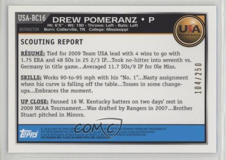 2010 Bowman Chrome USA Team Blue Refractor /250 Drew Pomeranz #USA-BC16 ...
