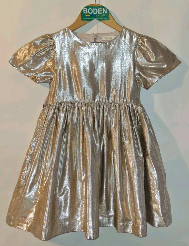 Mini Boden Girls Metallic Gold Bow Party Dress Age 5-6 Years Brand New ...