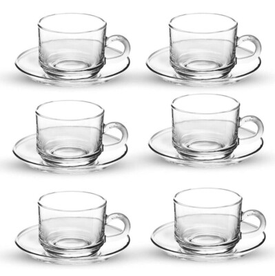 12PC Glass Cup Mug & Saucer Base Table Tea Cappuccino Espresso Coffee ...