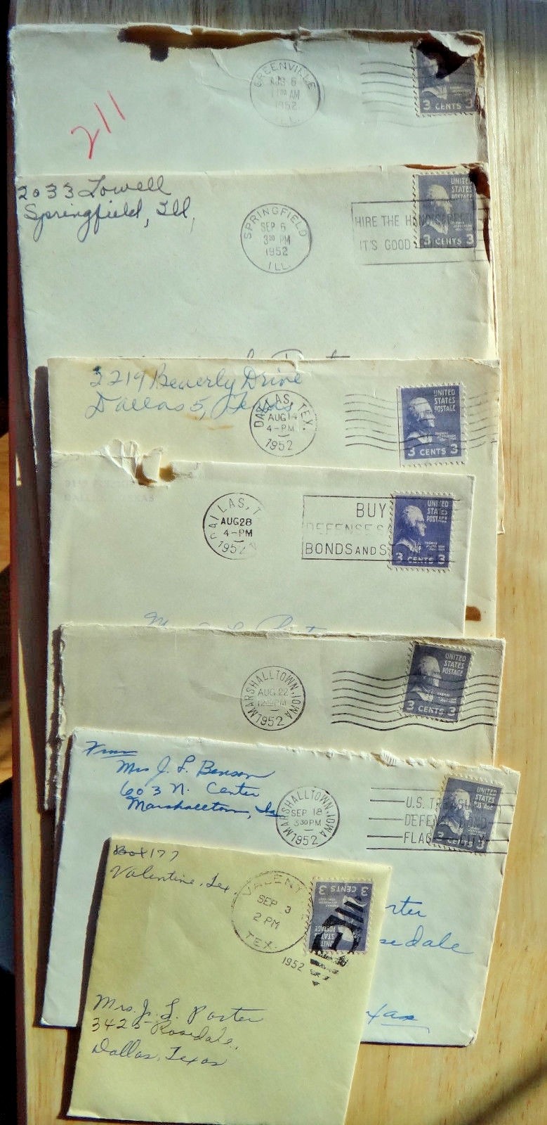 7 Vintage 1952 postmarked Envelopes 3 cent stamp Thomas Jefferson ...