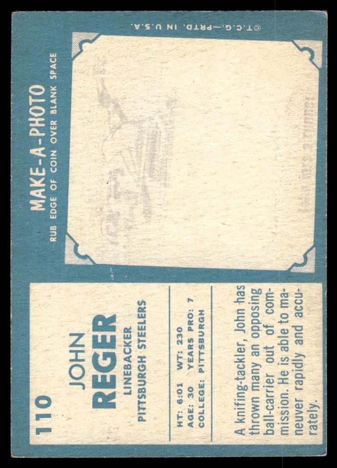 1961 Topps John Reger #110 Pittsburgh Steelers Football Card | eBay