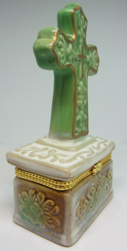 Vintage Ceramic Cross Trinket Box Holy Jewelry Celtic Design Jesus ...