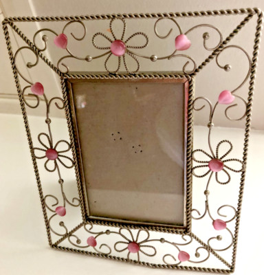 Pink Faux Gemstone Silver Fancy Floral Twisted Wire Frame For 3" x 4-1/ ...