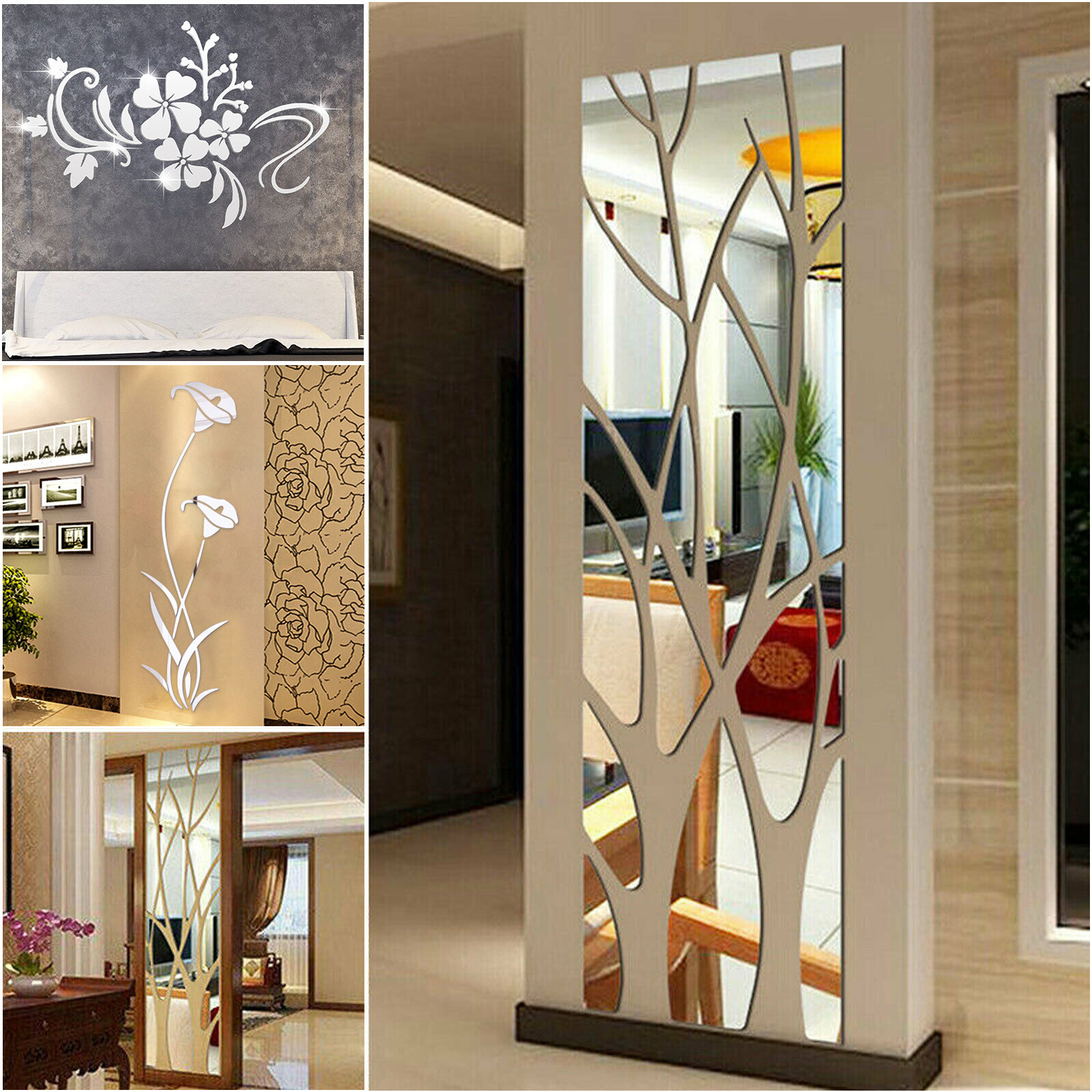 3D Mirror Tree Art Removable Wall Sticker Acrylic Mural Decal Home Room ...