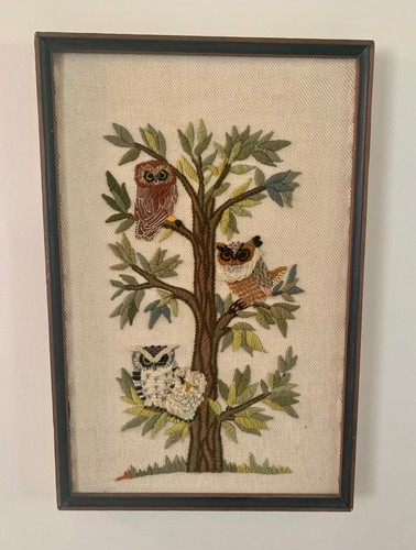 Vintage Owls in Family Tree Crewel Embroidery Framed Art | eBay