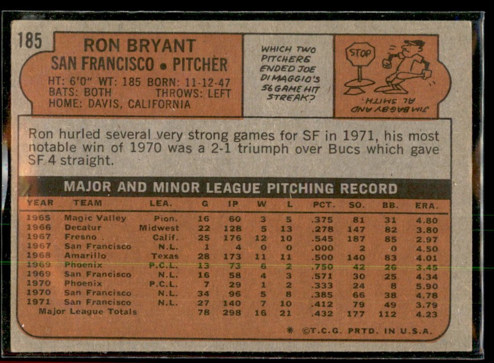 1972 Topps Ron Bryant #185 San Francisco Giants | eBay