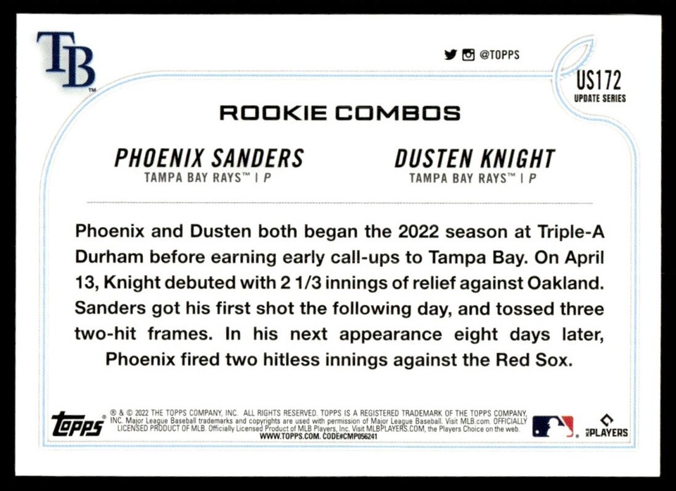 2022 Topps Update #US172 Phoenix Sanders/Dusten Knight Tampa Bay Rays ...