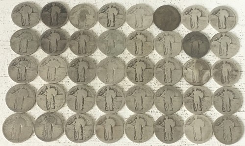 40 Coin Standing Liberty Quarter Lot Cull Slick 90% Silver $10 FV Roll ...
