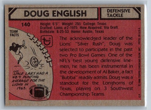 Doug English 1980 Topps Detroit Lions #140 | eBay