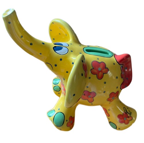 Ganz Signed PATI Elephant Yellow Piggy Bank Coin Bank Trunk Up Flower ...