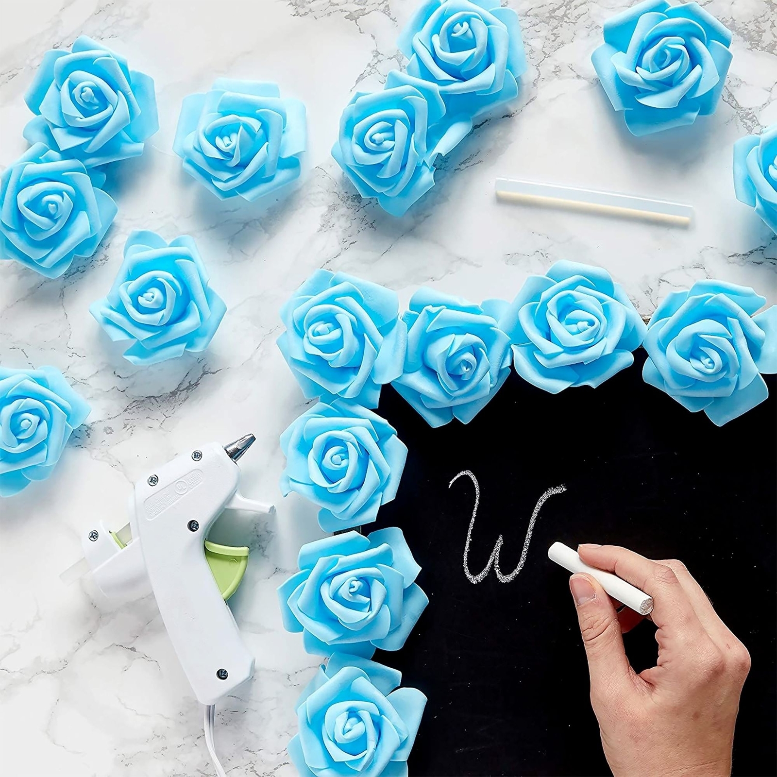 100 Pack Light Blue Artificial Flowers, Bulk Stemless Fake Foam Roses ...