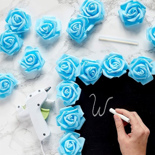 100 Pack Light Blue Artificial Flowers, Bulk Stemless Fake Foam Roses ...