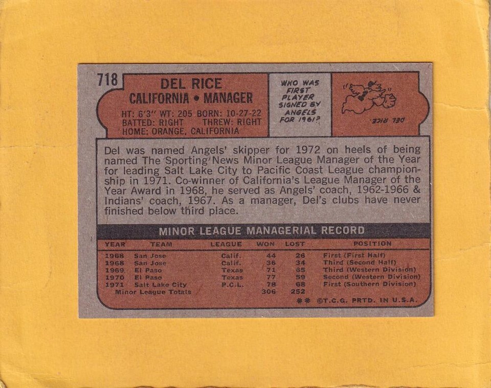 1972 Topps #718 Del Rice Angels EX/NM MG #26569 | eBay