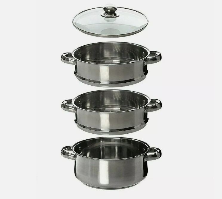 3 Tier Stainless Steel Steamer Cooker Pot Set Pan Cook Food Glass Lids ...