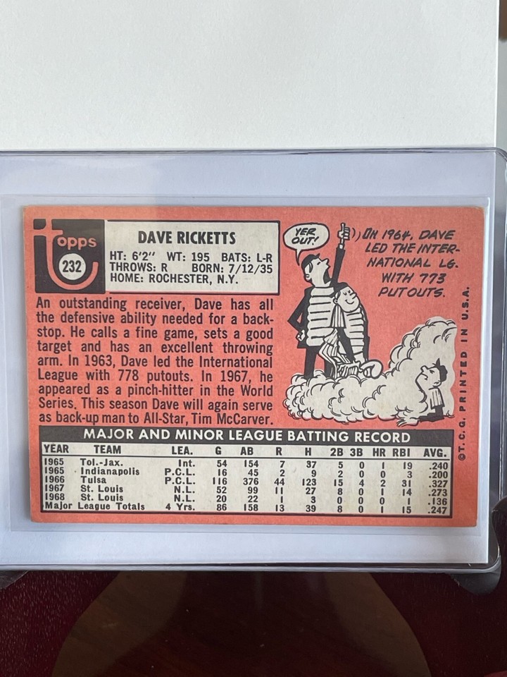 1969 Topps Baseball Card - Dave Ricketts # 232 | eBay