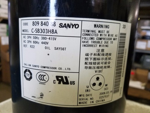 SANYO C-SB303H8A 49,000 BTU 440V 3PH 60HZ R-22 SCROLL A/C COMPRESSOR | eBay