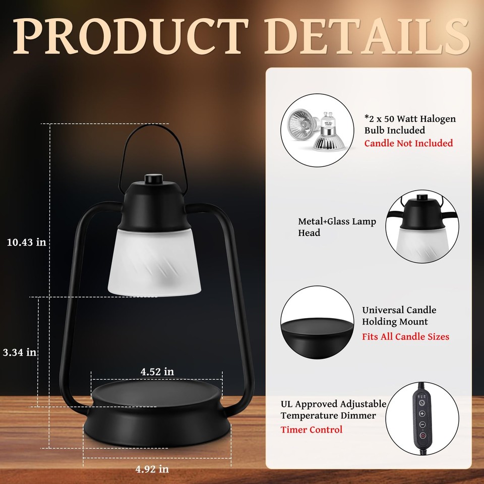 Candle Warmer Lamp with Timer, Dimmable Electric Wax Melt Warmer, Black ...
