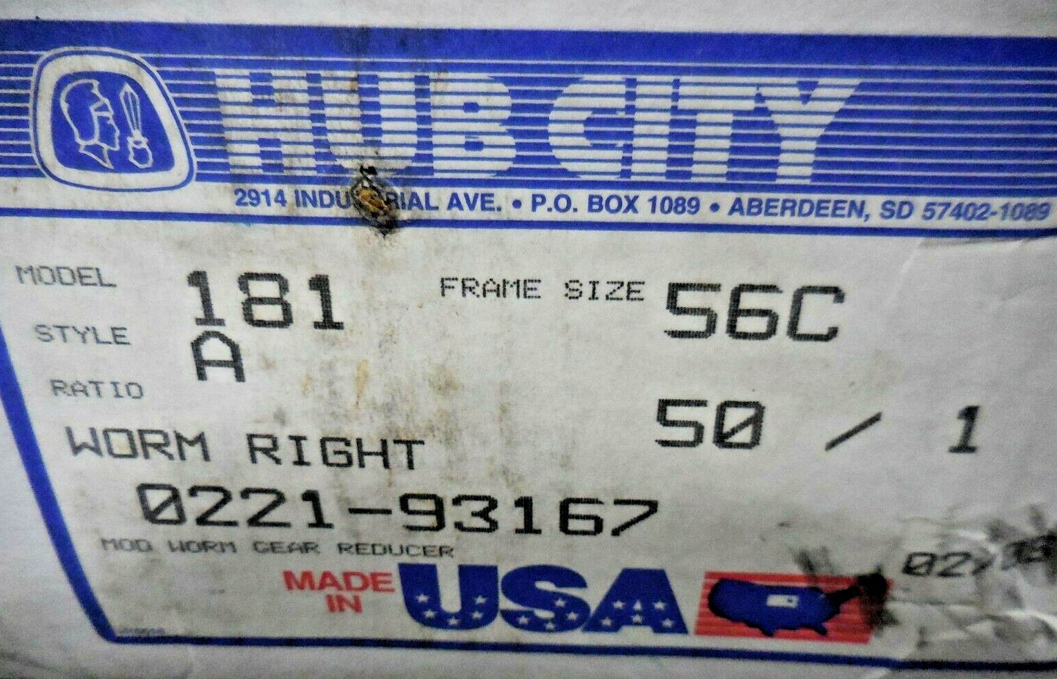 HUB CITY Model 181, 0221-93167 Worm Right Gear Reducer (Style A, 50:1 ...