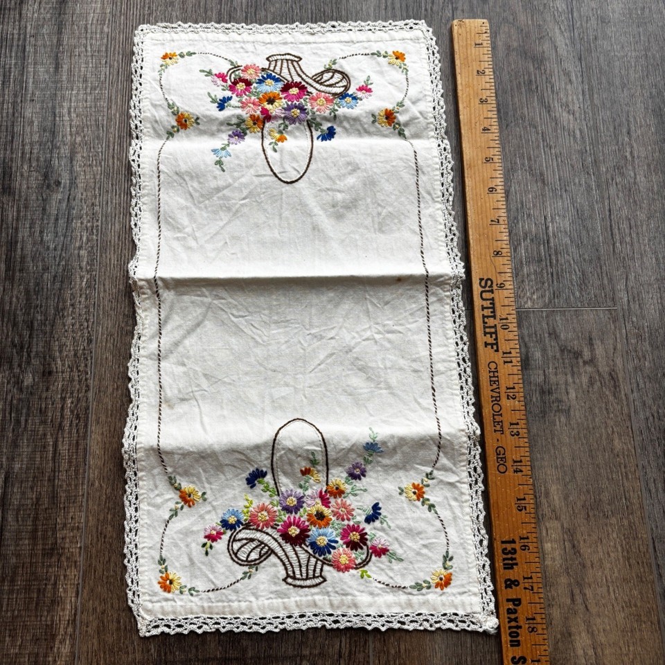 Vintage Hand Embroidered Floral Table Runner Set 3pc Linen Dresser ...