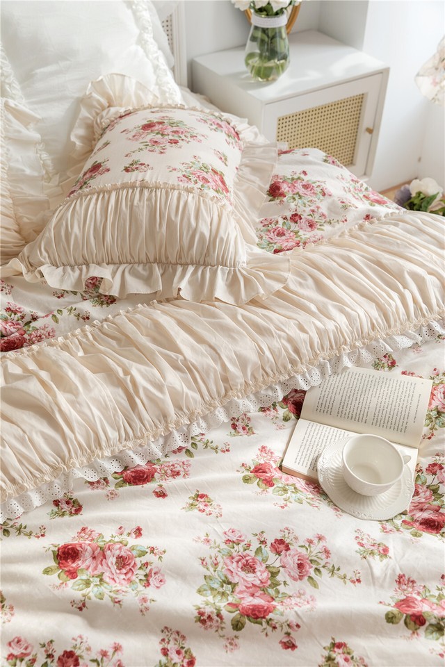 Romantic Bedding Set 100% Cotton Rose Print Princess Ruffles Duvet ...