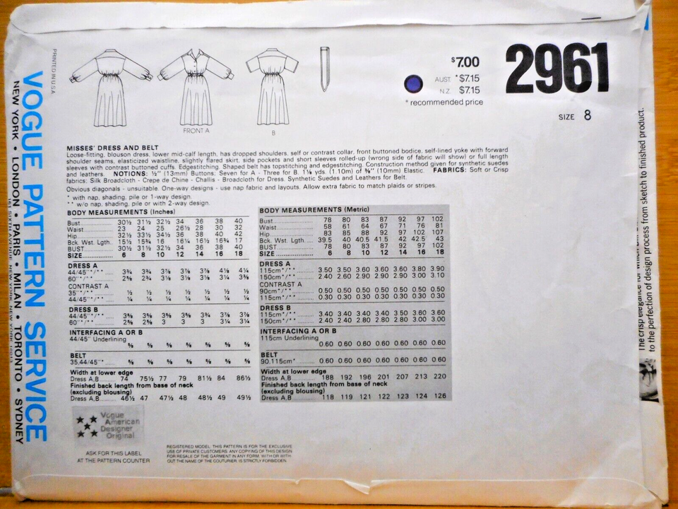 Vintage Vogue American Designer Pattern 2961 Bill Blass Dress Sz 8 ...